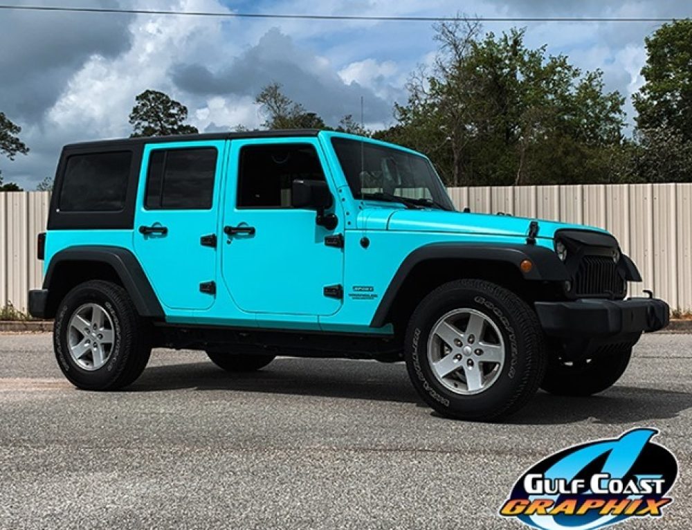 Jeep Wrangler wrapped in Avery ColorFlow Satin Rushing Riptide Cyan ...